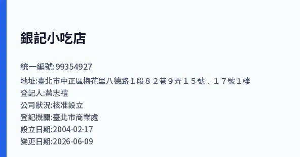 銀記小吃店的照片-統編 99354927(臺北市) 公司登記資料與營業項目詳細圖表