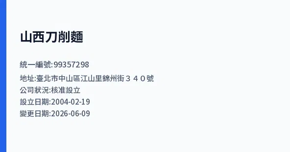 山西刀削麵的照片-統編 99357298(臺北市) 公司登記資料與營業項目詳細圖表