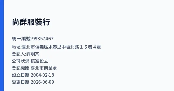 尚群服裝行的照片-統編 99357467(臺北市) 公司登記資料與營業項目詳細圖表