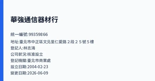 華強通信器材行的照片-統編 99359866(臺北市) 公司登記資料與營業項目詳細圖表