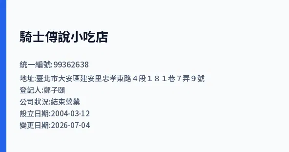 騎士傳說小吃店的照片-統編 99362638(臺北市) 公司登記資料與營業項目詳細圖表