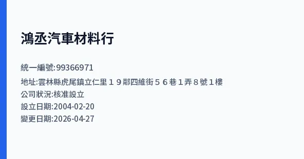 鴻丞汽車材料行的照片-統編 99366971(雲林縣) 公司登記資料與營業項目詳細圖表