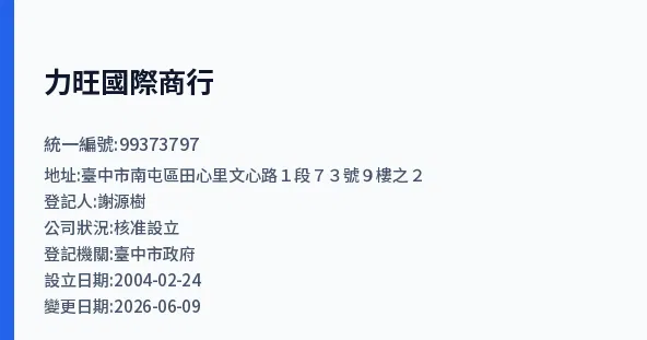 力旺國際商行的照片-統編 99373797(臺中市) 公司登記資料與營業項目詳細圖表