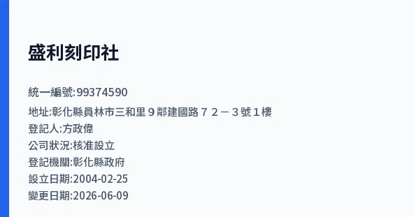 盛利刻印社的照片-統編 99374590(彰化縣) 公司登記資料與營業項目詳細圖表