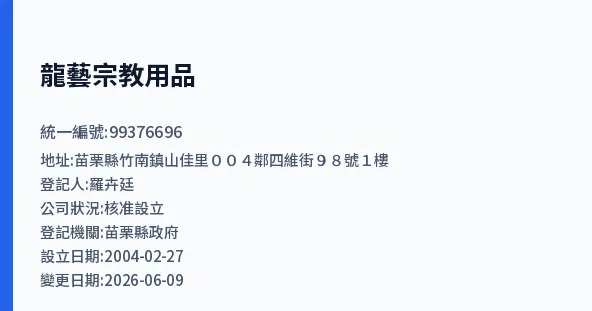 龍藝宗教用品的照片-統編 99376696(苗栗縣) 公司登記資料與營業項目詳細圖表