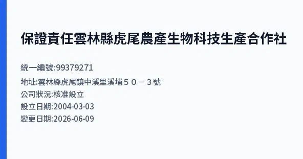 保證責任雲林縣虎尾農產生物科技生產合作社的照片-統編 99379271(雲林縣) 公司登記資料與營業項目詳細圖表