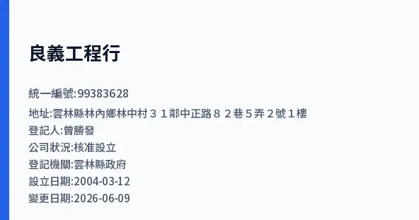 良義工程行的照片-統編 99383628(雲林縣) 公司登記資料與營業項目詳細圖表