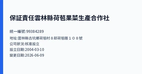 保証責任雲林縣荷苞果菜生產合作社的照片-統編 99384289(雲林縣) 公司登記資料與營業項目詳細圖表