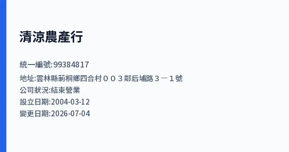 清涼農產行的照片-統編 99384817(雲林縣) 公司登記資料與營業項目詳細圖表