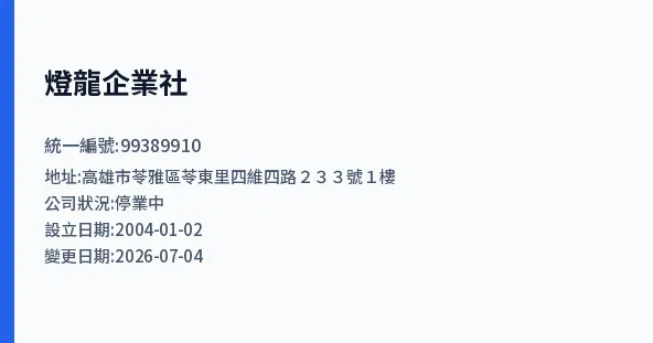 燈龍企業社的照片-統編 99389910(高雄市) 公司登記資料與營業項目詳細圖表