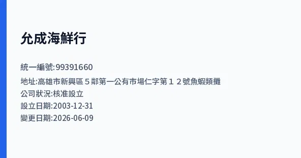 允成海鮮行的照片-統編 99391660(高雄市) 公司登記資料與營業項目詳細圖表