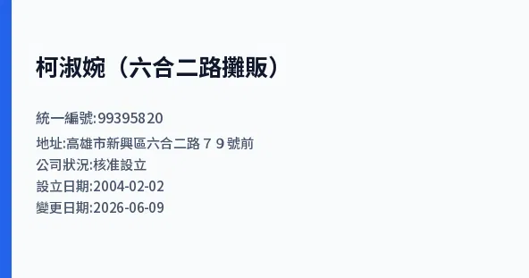 柯淑婉(六合二路攤販)的照片-統編 99395820(高雄市) 公司登記資料與營業項目詳細圖表