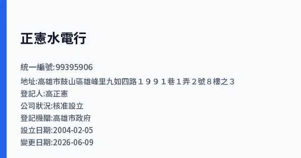 正憲水電行的照片-統編 99395906(高雄市) 公司登記資料與營業項目詳細圖表