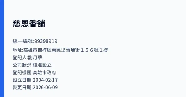 慈恩香舖的照片-統編 99398919(高雄市) 公司登記資料與營業項目詳細圖表
