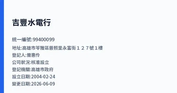 吉豐水電行的照片-統編 99400099(高雄市) 公司登記資料與營業項目詳細圖表