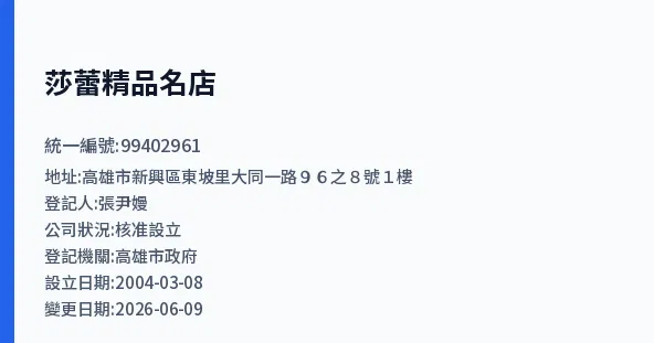 莎蕾精品名店的照片-統編 99402961(高雄市) 公司登記資料與營業項目詳細圖表