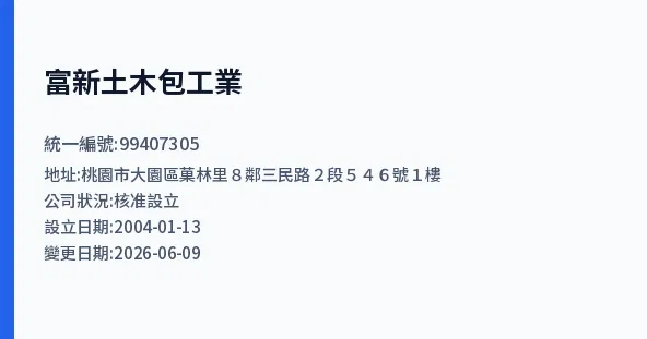 富新土木包工業的照片-統編 99407305(桃園市) 公司登記資料與營業項目詳細圖表
