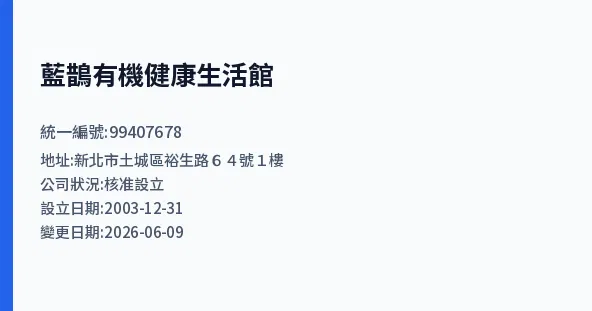 藍鵲有機健康生活館的照片-統編 99407678(新北市) 公司登記資料與營業項目詳細圖表