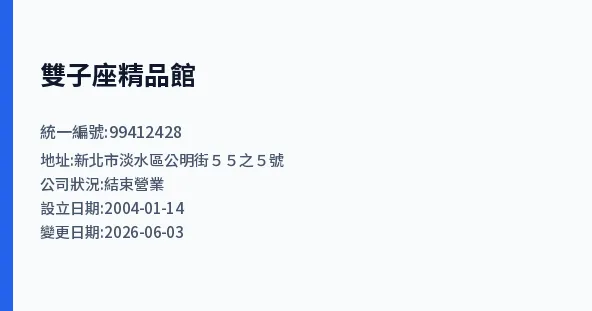雙子座精品館的照片-統編 99412428(新北市) 公司登記資料與營業項目詳細圖表