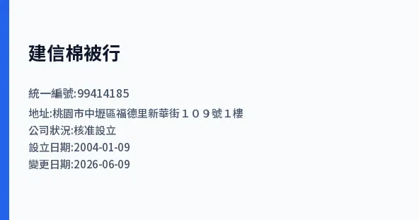 建信棉被行的照片-統編 99414185(桃園市) 公司登記資料與營業項目詳細圖表