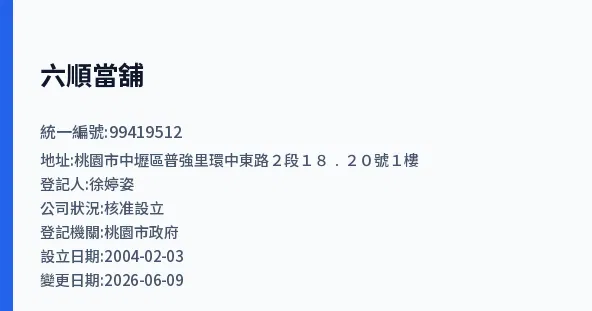 六順當舖的照片-統編 99419512(桃園市) 公司登記資料與營業項目詳細圖表