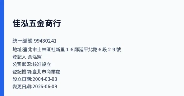 佳泓五金商行的照片-統編 99430241(臺北市) 公司登記資料與營業項目詳細圖表