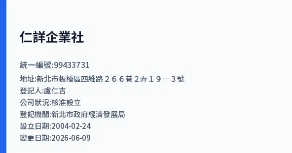 仁詳企業社的照片-統編 99433731(新北市) 公司登記資料與營業項目詳細圖表