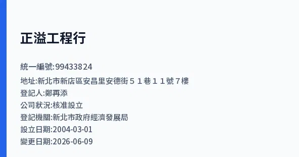正溢工程行的照片-統編 99433824(新北市) 公司登記資料與營業項目詳細圖表