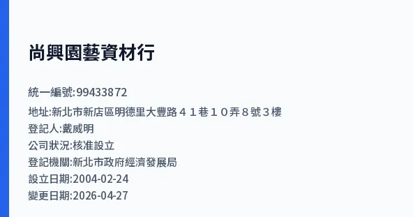 尚興園藝資材行的照片-統編 99433872(新北市) 公司登記資料與營業項目詳細圖表
