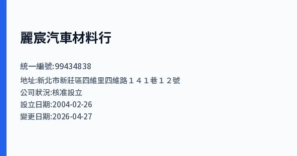 麗宸汽車材料行的照片-統編 99434838(新北市) 公司登記資料與營業項目詳細圖表