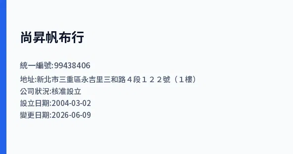 尚昇帆布行的照片-統編 99438406(新北市) 公司登記資料與營業項目詳細圖表