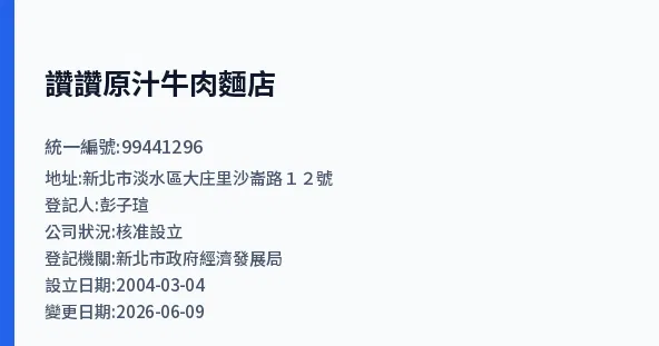 讚讚原汁牛肉麵店的照片-統編 99441296(新北市) 公司登記資料與營業項目詳細圖表