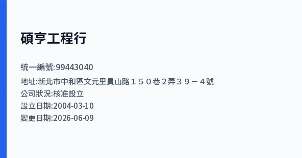 碩亨工程行的照片-統編 99443040(新北市) 公司登記資料與營業項目詳細圖表