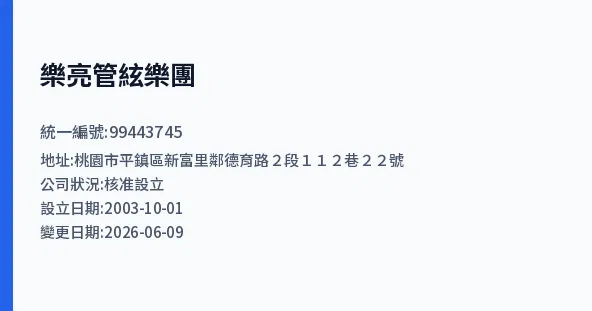 樂亮管絃樂團的照片-統編 99443745(桃園市) 公司登記資料與營業項目詳細圖表
