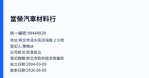 當榮汽車材料行的照片-統編 99444929(新北市) 公司登記資料與營業項目詳細圖表