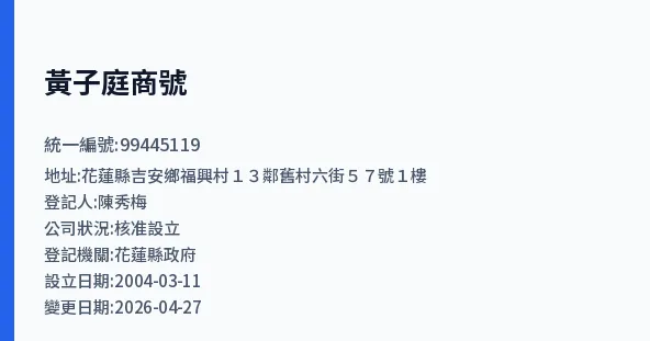 黃子庭商號的照片-統編 99445119(花蓮縣) 公司登記資料與營業項目詳細圖表