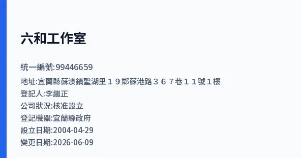 六和工作室的照片-統編 99446659(宜蘭縣) 公司登記資料與營業項目詳細圖表