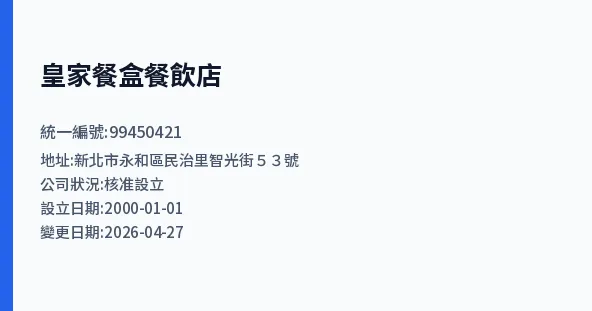 皇家餐盒餐飲店的照片-統編 99450421(新北市) 公司登記資料與營業項目詳細圖表