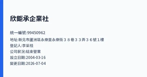 欣鉅承企業社的照片-統編 99450962(新北市) 公司登記資料與營業項目詳細圖表