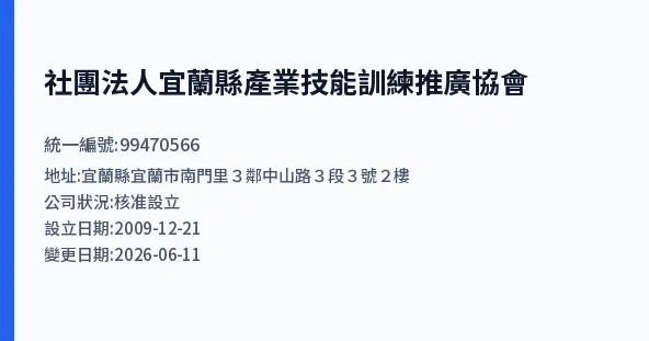 社團法人宜蘭縣產業技能訓練推廣協會的照片-統編 99470566(宜蘭縣) 公司登記資料與營業項目詳細圖表