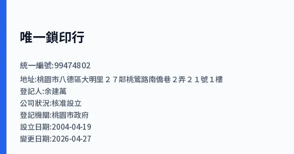 唯一鎖印行的照片-統編 99474802(桃園市) 公司登記資料與營業項目詳細圖表