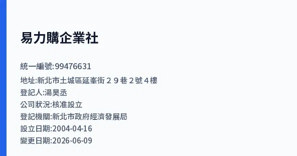 易力購企業社的照片-統編 99476631(新北市) 公司登記資料與營業項目詳細圖表