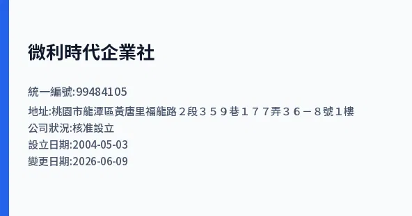 微利時代企業社的照片-統編 99484105(桃園市) 公司登記資料與營業項目詳細圖表