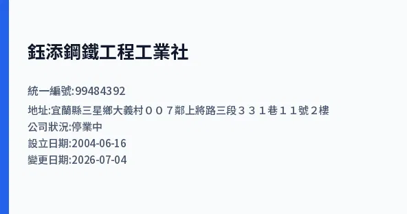 鈺添鋼鐵工程工業社的照片-統編 99484392(宜蘭縣) 公司登記資料與營業項目詳細圖表