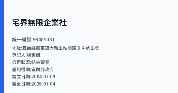 宅界無限企業社的照片-統編 99485081(宜蘭縣) 公司登記資料與營業項目詳細圖表