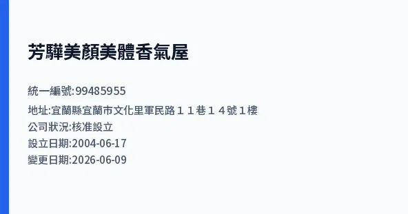 芳驊美顏美體香氣屋的照片-統編 99485955(宜蘭縣) 公司登記資料與營業項目詳細圖表