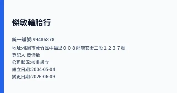 傑敏輪胎行的照片-統編 99486878(桃園市) 公司登記資料與營業項目詳細圖表