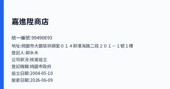 嘉進陞商店的照片-統編 99490893(桃園市) 公司登記資料與營業項目詳細圖表