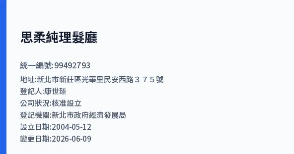思柔純理髮廳的照片-統編 99492793(新北市) 公司登記資料與營業項目詳細圖表