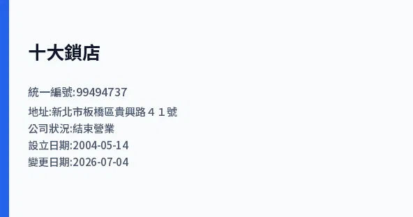 十大鎖店的照片-統編 99494737(新北市) 公司登記資料與營業項目詳細圖表